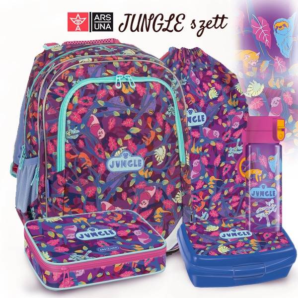 Ars Una iskolatáska, hátizsák SZETT 5 részes - Jungle lila - Iskolatáskawebshop
